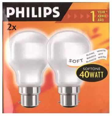 Philips GL40BC-SW-2-PH - 240v 40w Ba22d Softone White T55 2 pack – Caradok