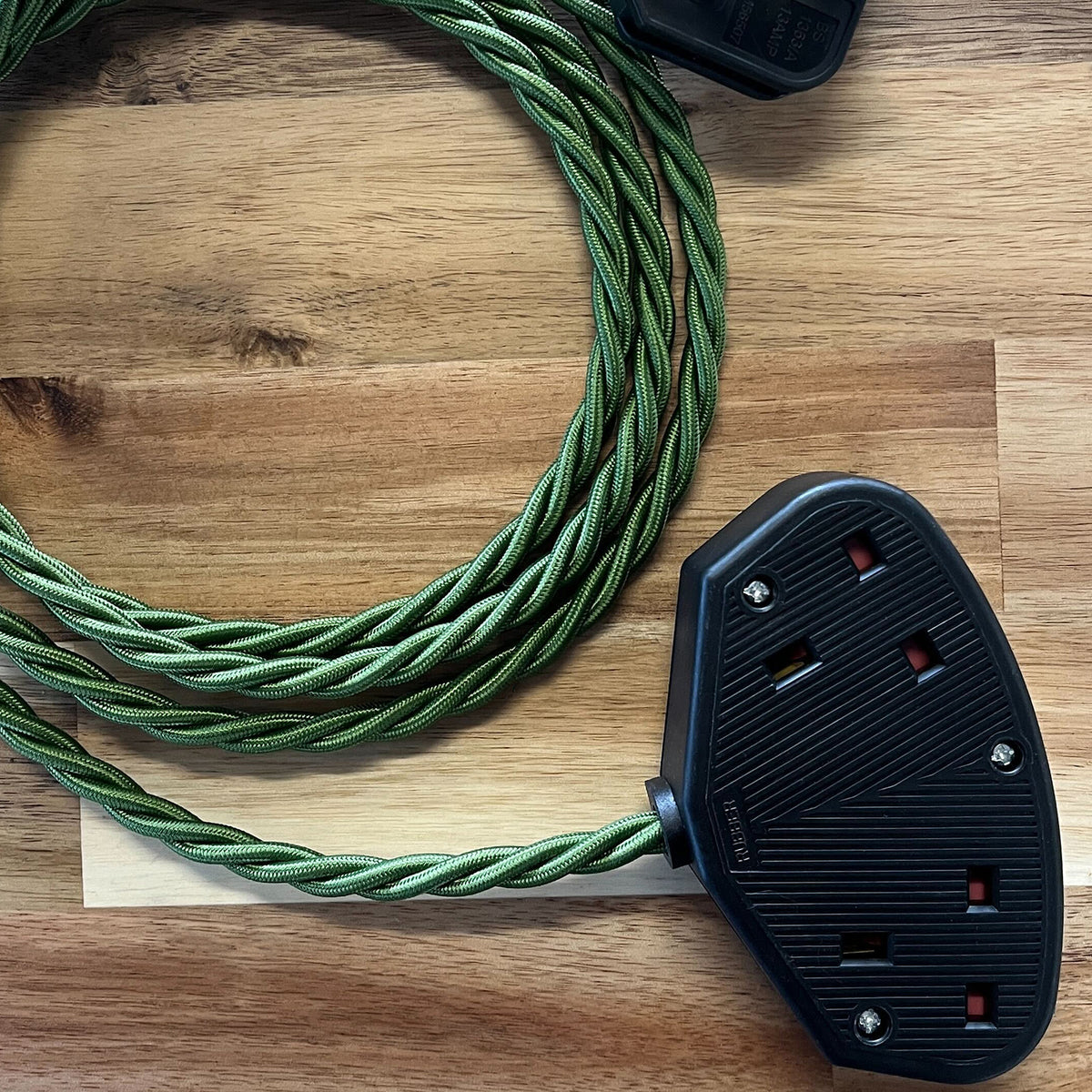 Green Braided Fabric Decorative Extension Lead - Black Trailing Socket ...