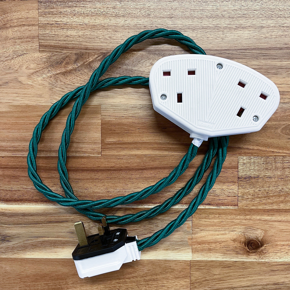 Green Braided Fabric Decorative Extension Lead - White Trailing Socket ...